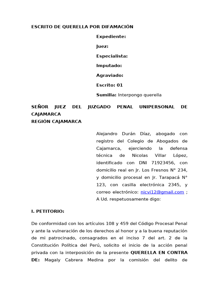 Modelo Escrito Querella Difamacion Agravada Medio de Prensa LP | PDF | Queja | Daños y perjuicios