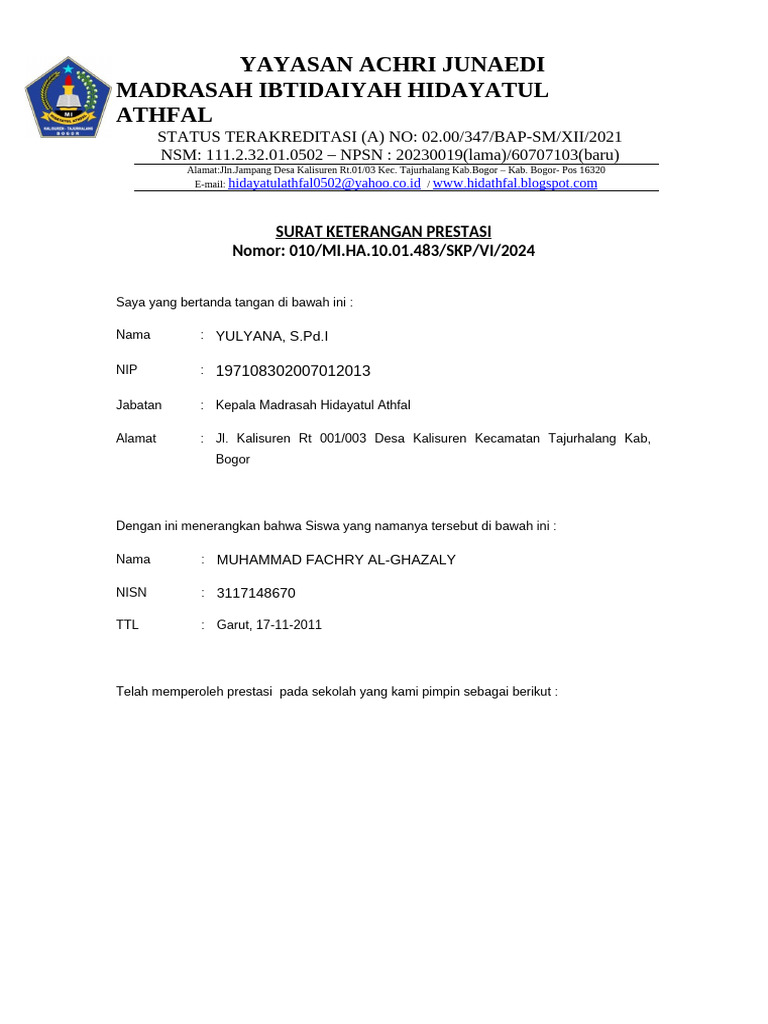 Surat Keterangan Prestasi | PDF