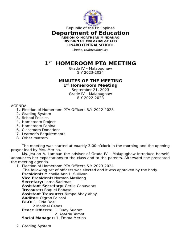 1st Homeroom PTA Meeting Minutes | PDF | Schools | Educational Institutions