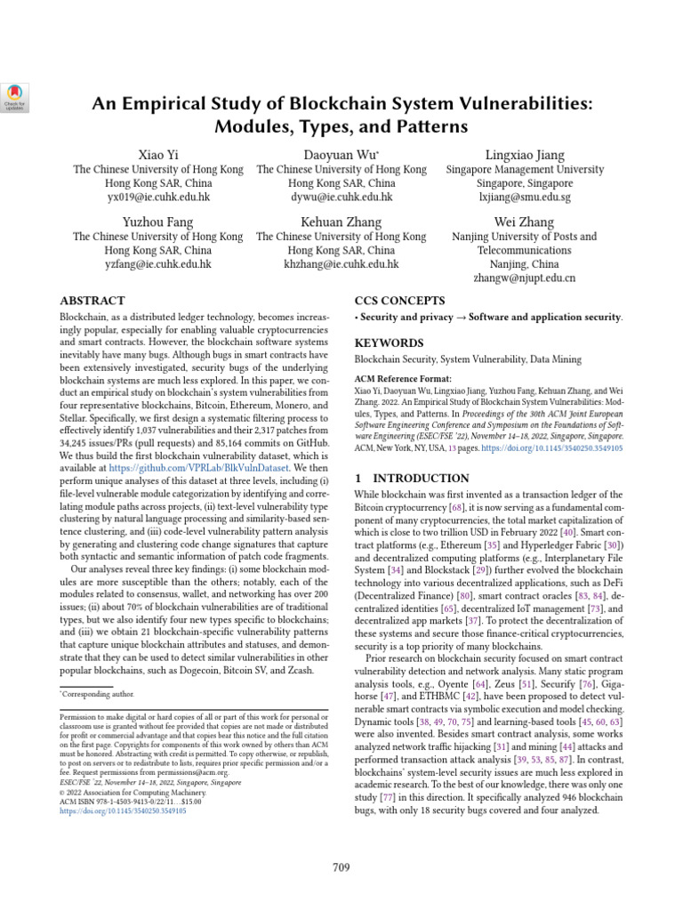 An Empirical Study of Blockchain System Vulnerabilities Modules Types Patterns | PDF ...
