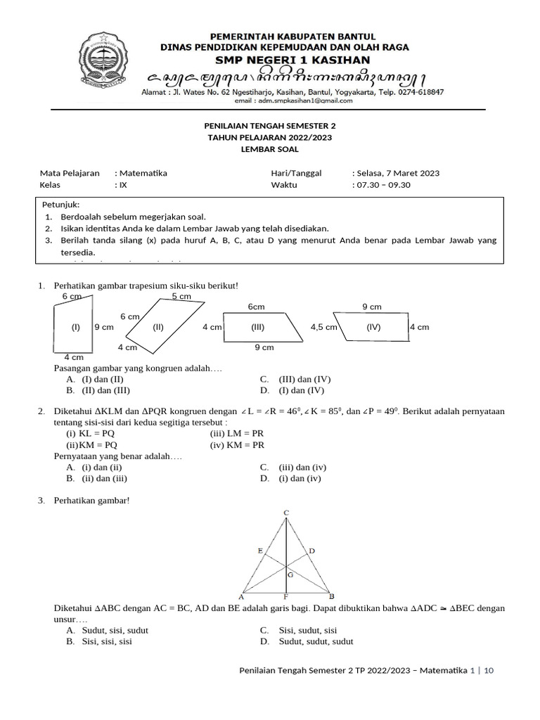 Soal PTS 2 Mat Klas - 9 Tapel 2022 2023 | PDF
