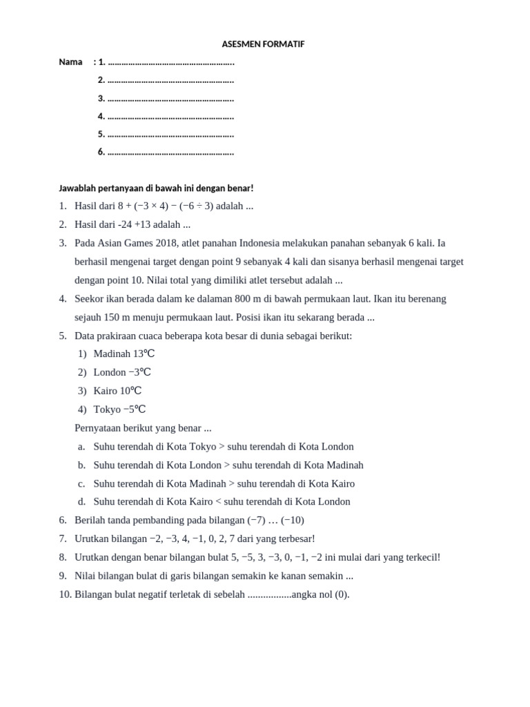 Asesmen Formatif Bilangan | PDF