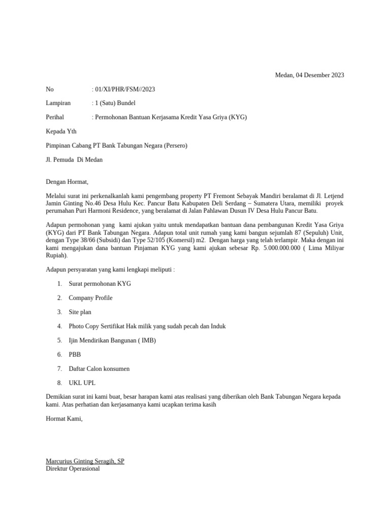 Surat Permohonan KYG Des 2023 BTN | PDF