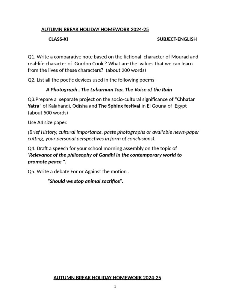 Autumn Break HHW Eng Xi & Xii-2024 | PDF | Foreign Language Studies | Art