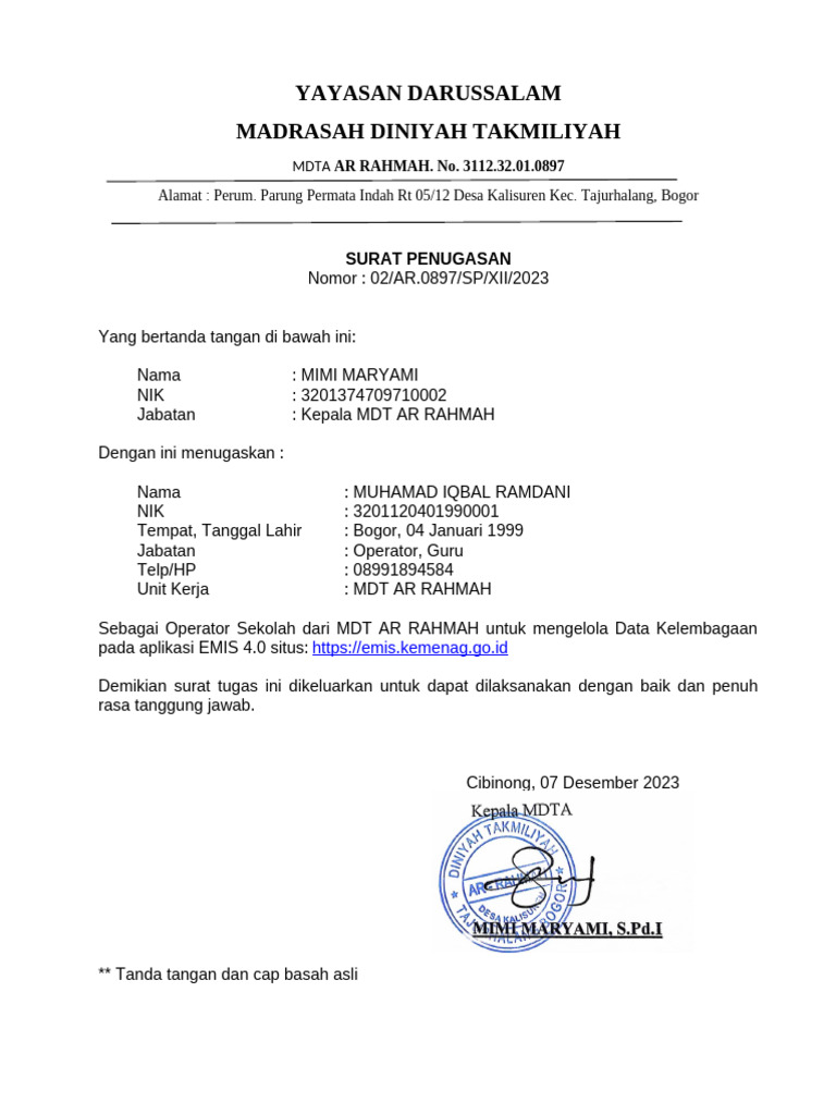 Contoh Surat Tugas Operator EMIS | PDF