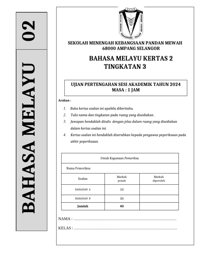 Cover PPT BM Kertas 2 Ting 3 Tahun 2024 | PDF