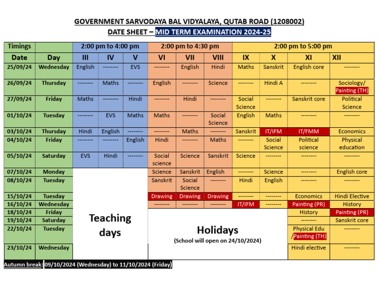 Mid Term Exam Date Sheet 2024 25 Pdf Science
