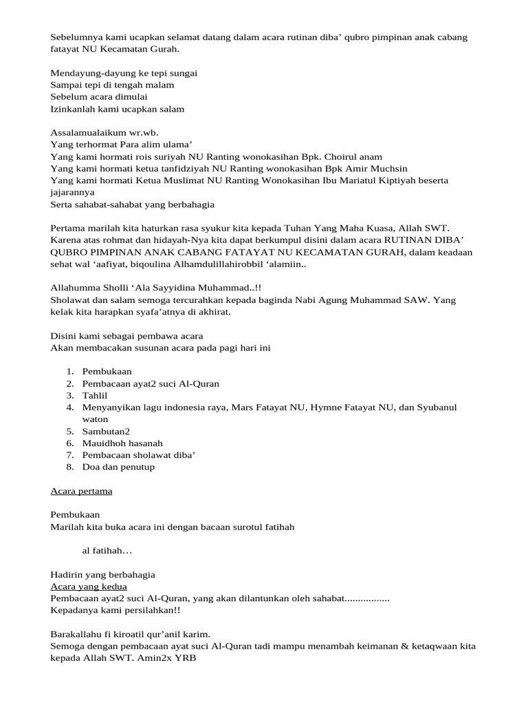 Teks MC Diba Qubro | PDF