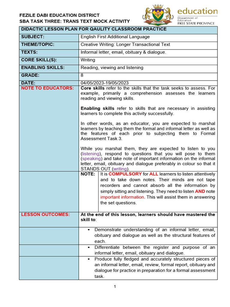 Grade 8 EFAL Creative Writing Plan | PDF | Reading Comprehension ...