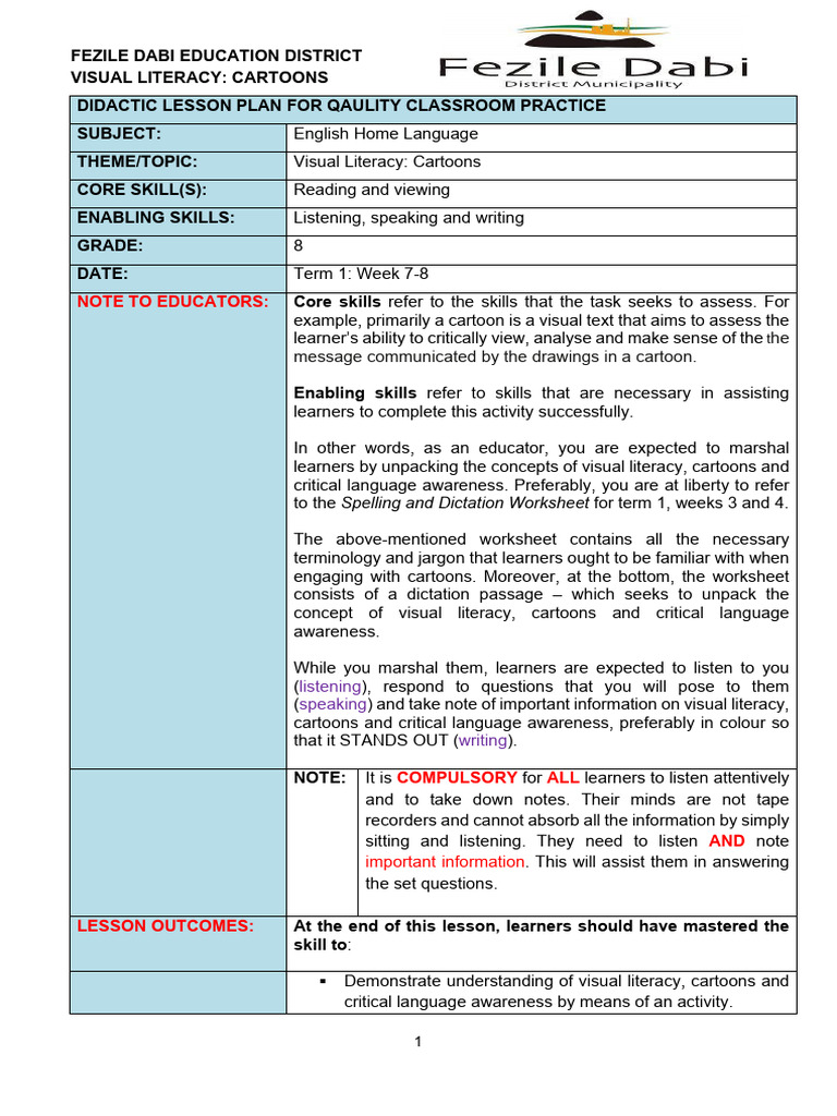 Grade 8 Visual Literacy: Cartoon Analysis | PDF | Facial Expression ...