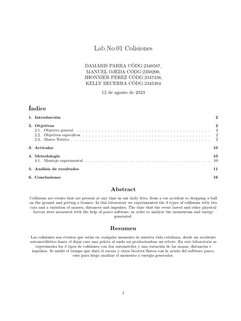 Laboratorio No 01 Colisiones | PDF | Fuerza | Impulso