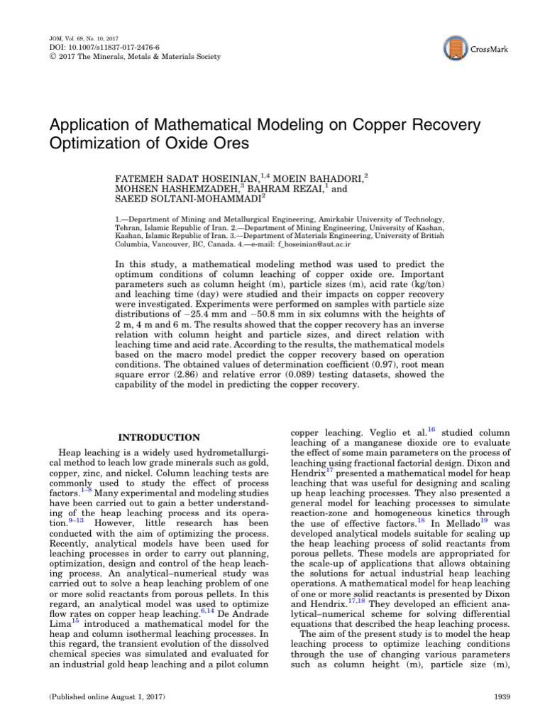 Application of Mathematical Modeling On Copper Recovery Optimization of Oxide Ores | PDF | Metrology