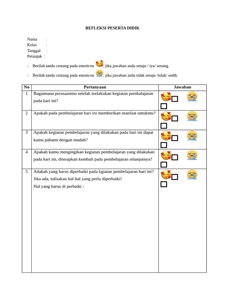 Emoticon untuk Refleksi Pembelajaran | PDF