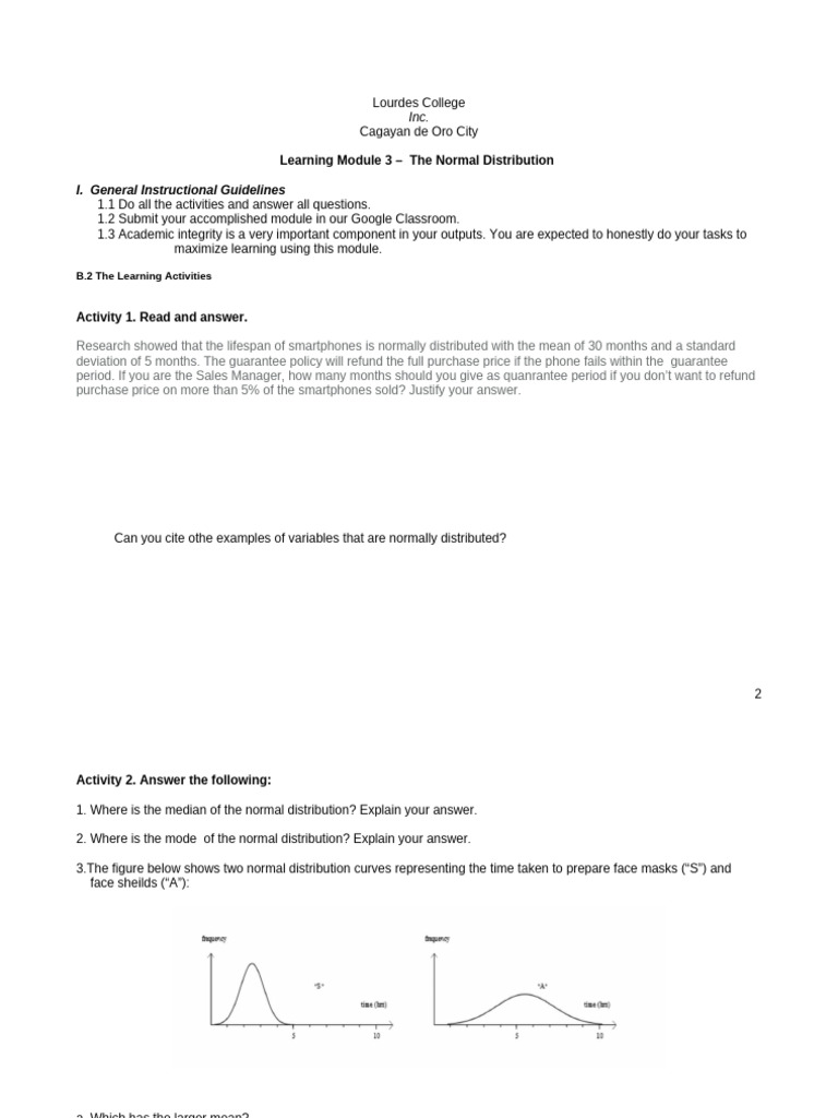 Module 3 Normal Distribution Activities | PDF | Normal Distribution ... Module 3 Normal Distribution Activities | PDF | Normal Distribution ...