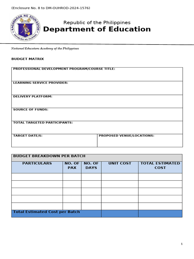 Enclosure No. 8 Budget Matrix | PDF