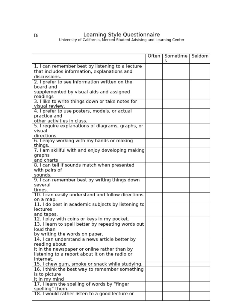 Learning Style Questionnaire: University of California, Merced Student ...