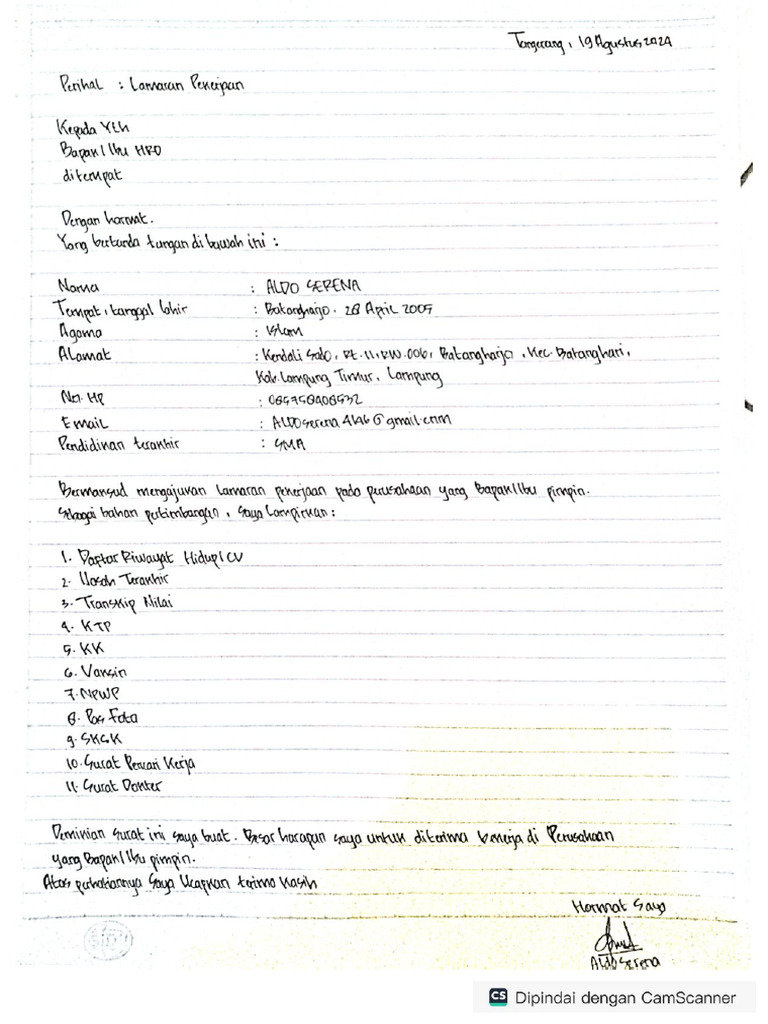 Lamaran Kerja Aldo Serena | PDF