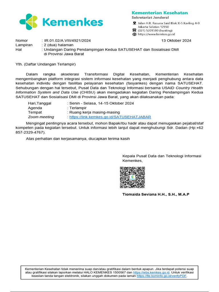 Surat Undangan SATUSEHAT DMI Jabar Daring | PDF