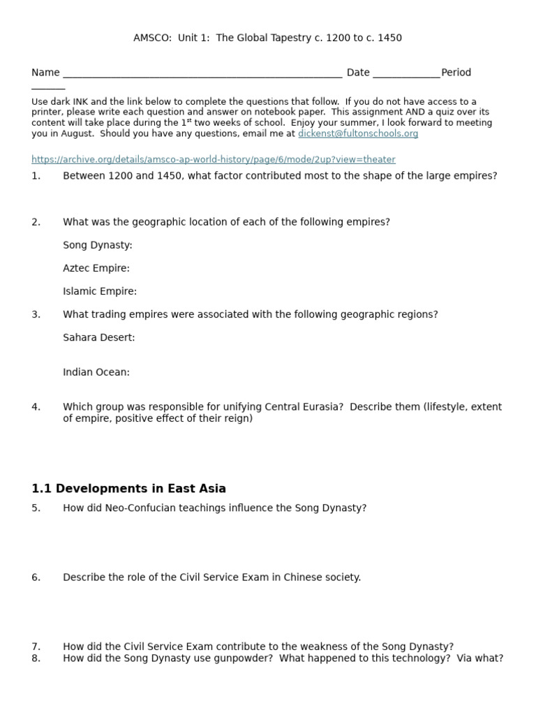 AMSCO Unit 1: Global Tapestry Overview | PDF | China | World Politics
