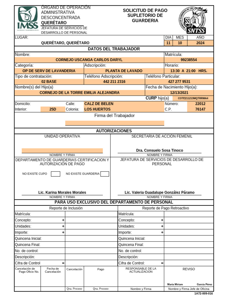 Formato de Sol de Pago Supletorio de Guarderia - Sntss Emilia | PDF