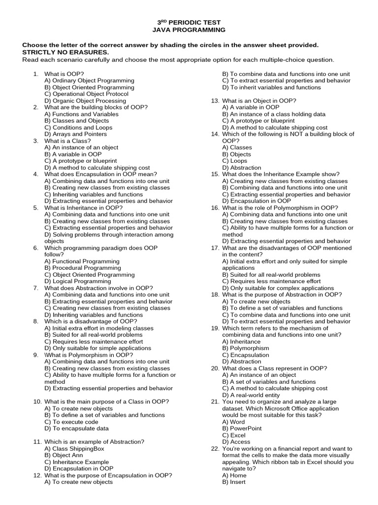 Java Programming OOP Test Questions | PDF | Object Oriented Programming ...