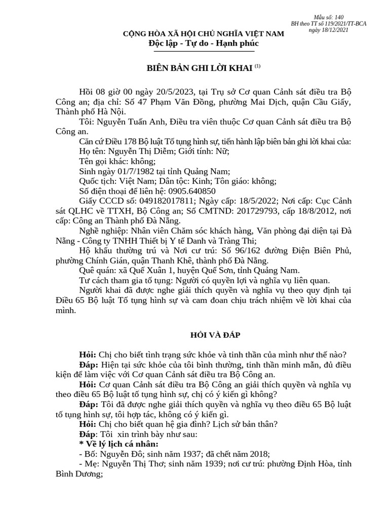 Độc lập - Tự do - Hạnh phúc Biên Bản Ghi Lời Khai | PDF