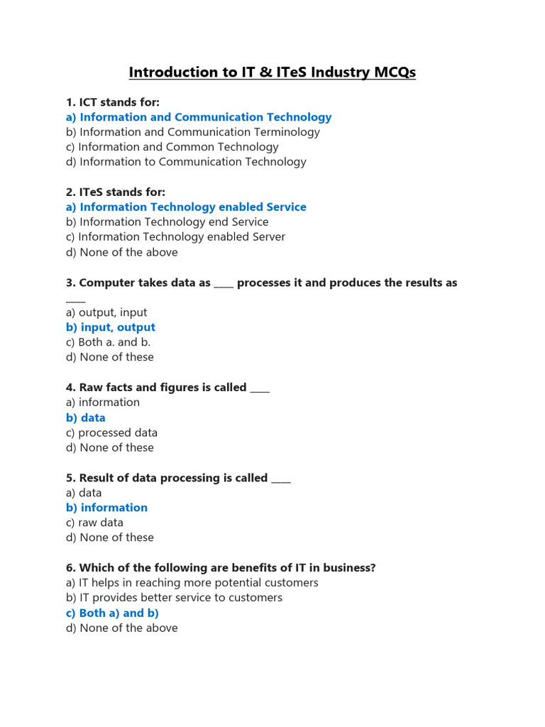 MCQ Question Bank On It & Ites Industry | PDF | Business Process ...