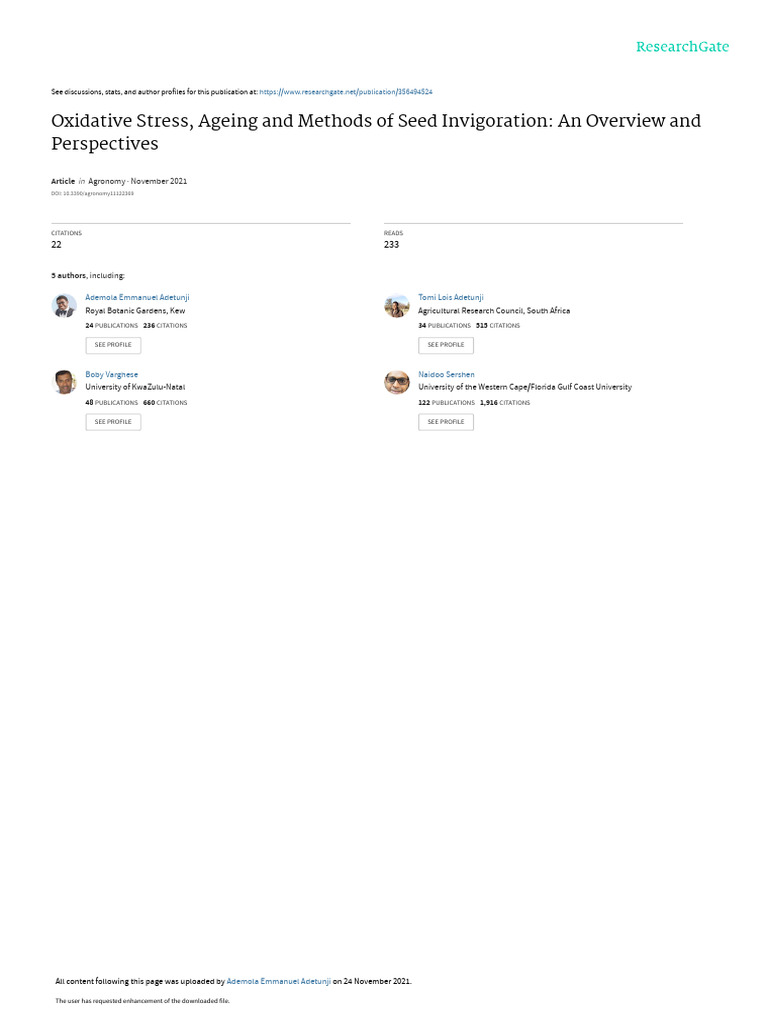 Oxidative Stress, Ageing and Methods of Seed Invigoration: An Overview ...