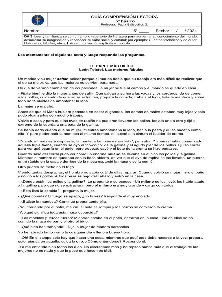 Guía Comprensión Lectora Fábula 5°básico | PDF | Pollo