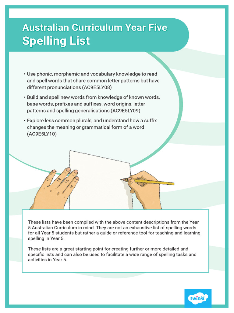 Au L 2550439 Australian Curriculum Year Five Spelling List - Ver - 3 ...