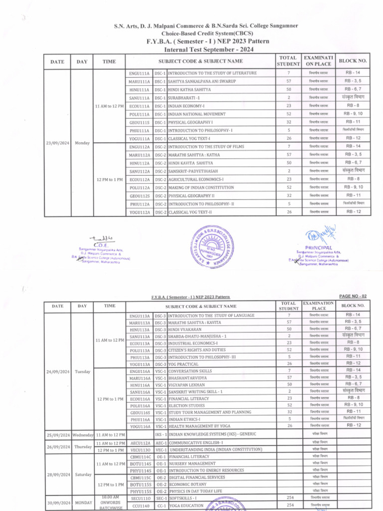 Revised Internal Examination Time Table Sept. - 2024 | PDF