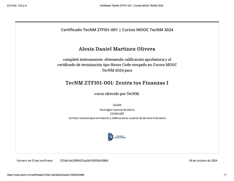Certificado TecNM ZTFI01-001 - Cursos MOOC TecNM 2024 | PDF