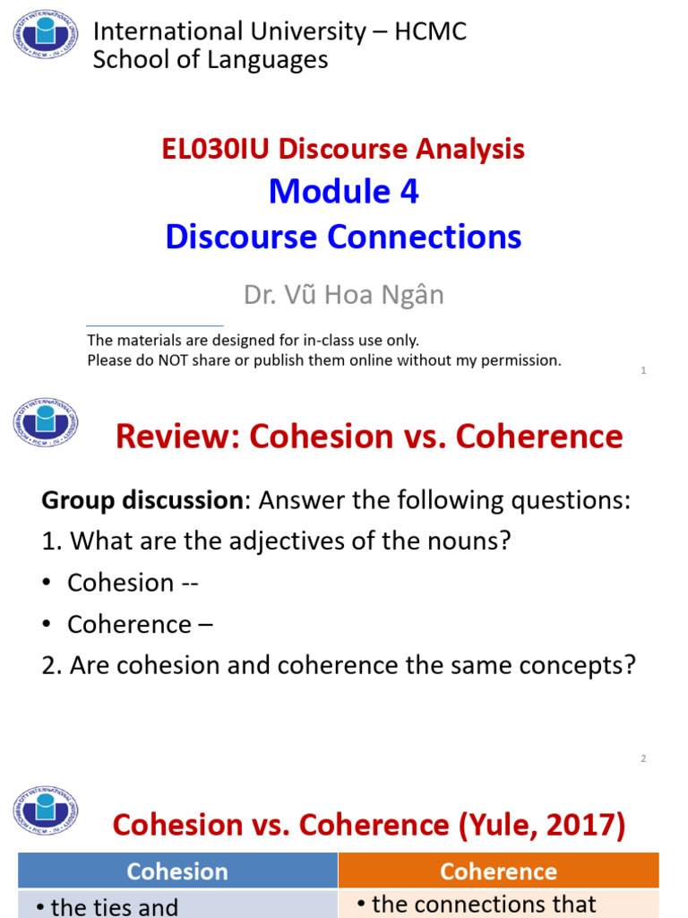 EL030IU Discourse Analysis - Module 4 - Discourse Connection - Handout ...