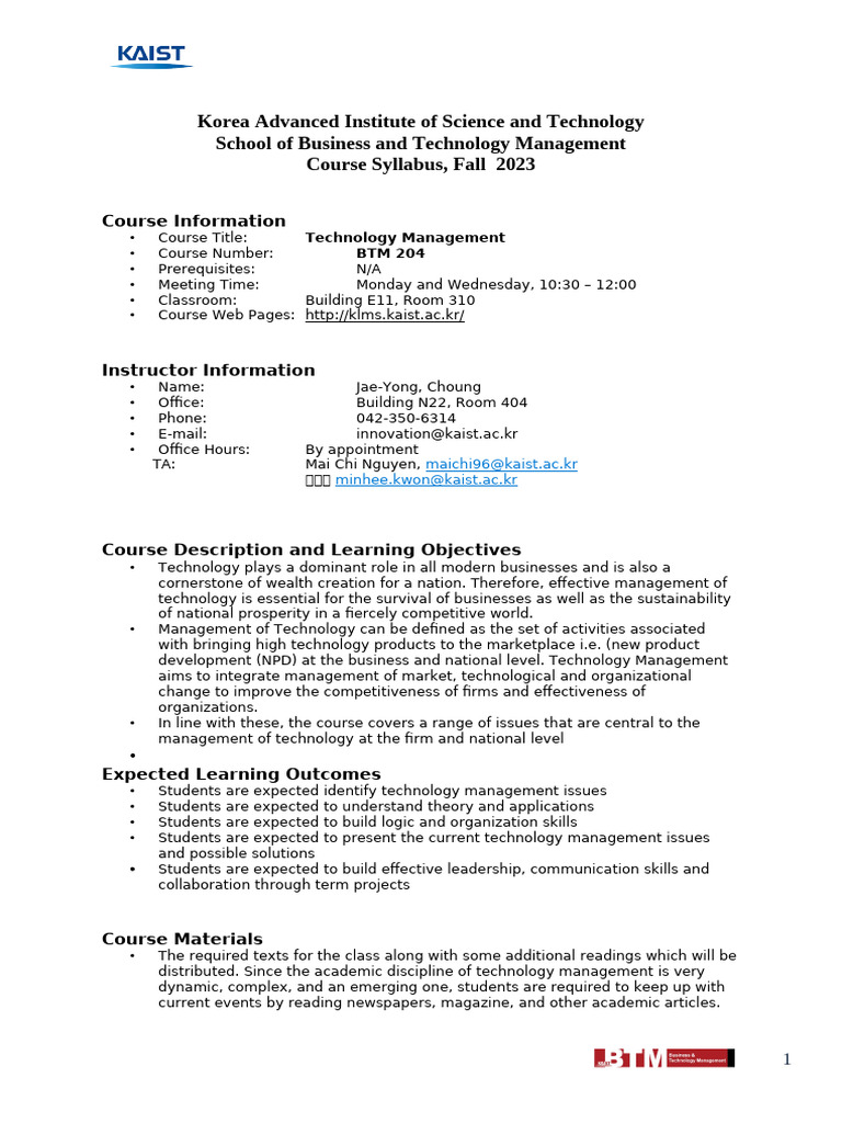 Technology Management Course Syllabus | PDF | Academic Integrity | Plagiarism