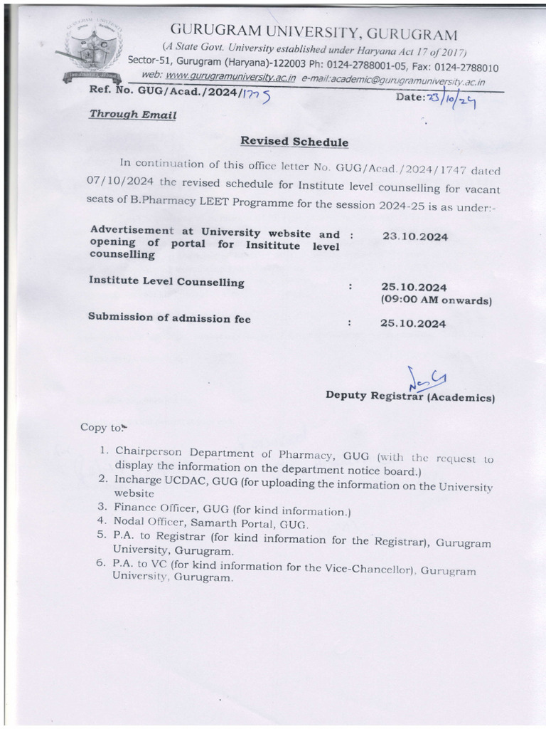 Revised Admission Schedule For B.Pharmacy LEET | PDF