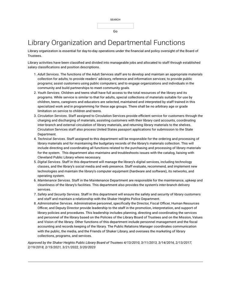 Library Organization & Departmental Functions - Shaker Heights Public ...
