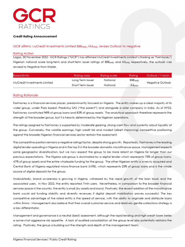 MyCredit GCR Rating Nov 22 | PDF | Debt | Interest