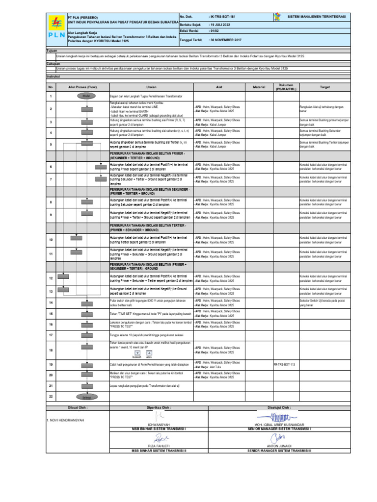 IK-TRS-BOT-181 Alur Langkah Kerja Pengukuran Tahanan Isolasi Belitan Trafo 3 Belitan Dan IP ...