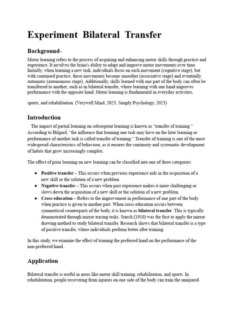 Experiment Bilateral Transfer - Google Drive | PDF | Learning | Mental ...