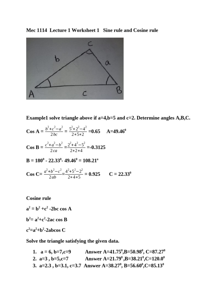 Mec 1114 Worksheet 1 Sine Rule and Cosine Rule | PDF