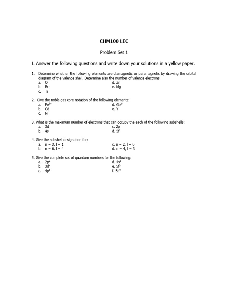 Probset 1 CHM100 LEC | PDF