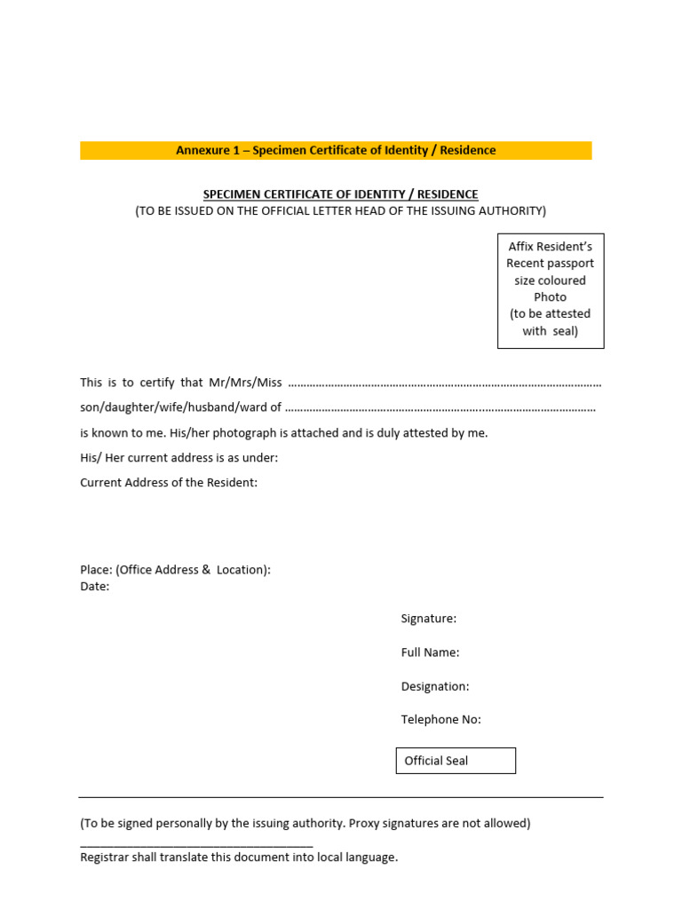 Specimen Certificate of Identity or Residence | PDF