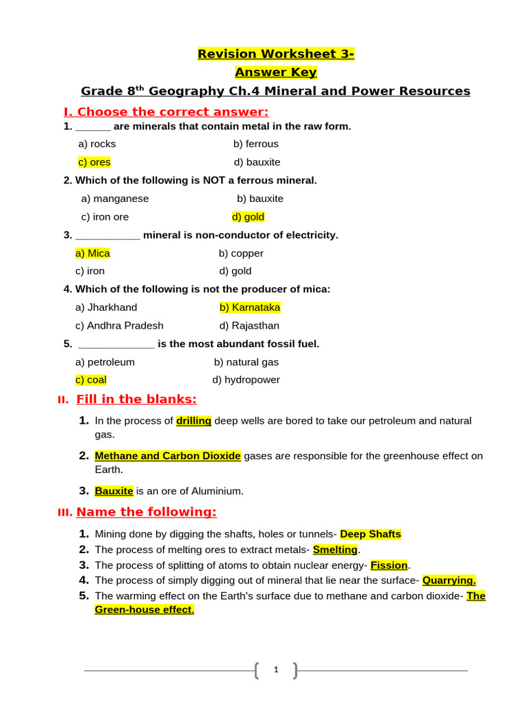Geo-Chp-4-Mineral and Power Resources - Revision Worksheet 3 - 2024 | PDF | Mining | Ore