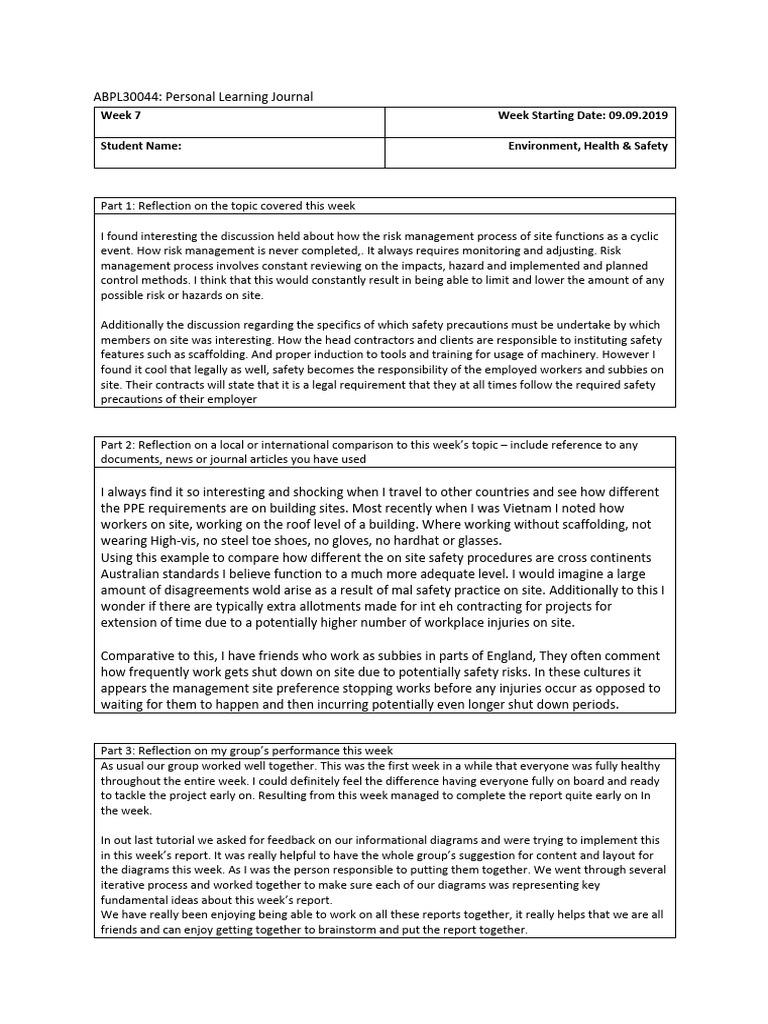 Personal Learning Journal Week 7 | PDF | Safety