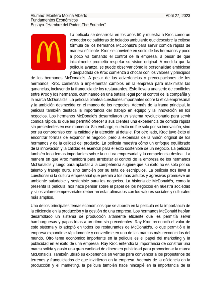 Ensayo Hambre Del Poder | PDF | Mc Donald's | Business
