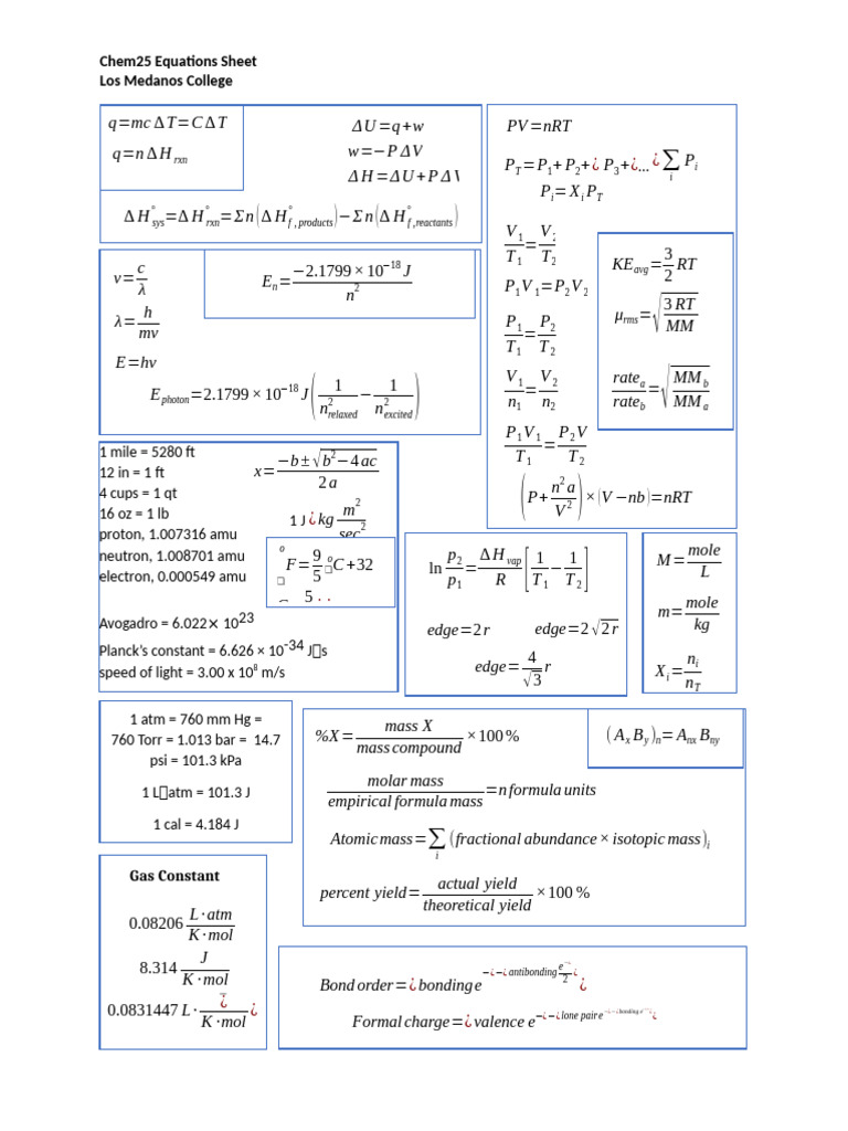 Chemistry Equations Reference | PDF | Mole (Unit) | Atoms