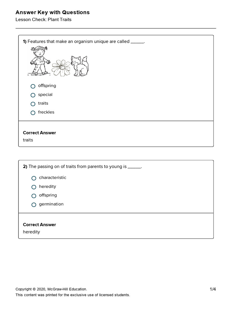 Plant Traits Lesson Check Answer Key | PDF | Heredity | Seed