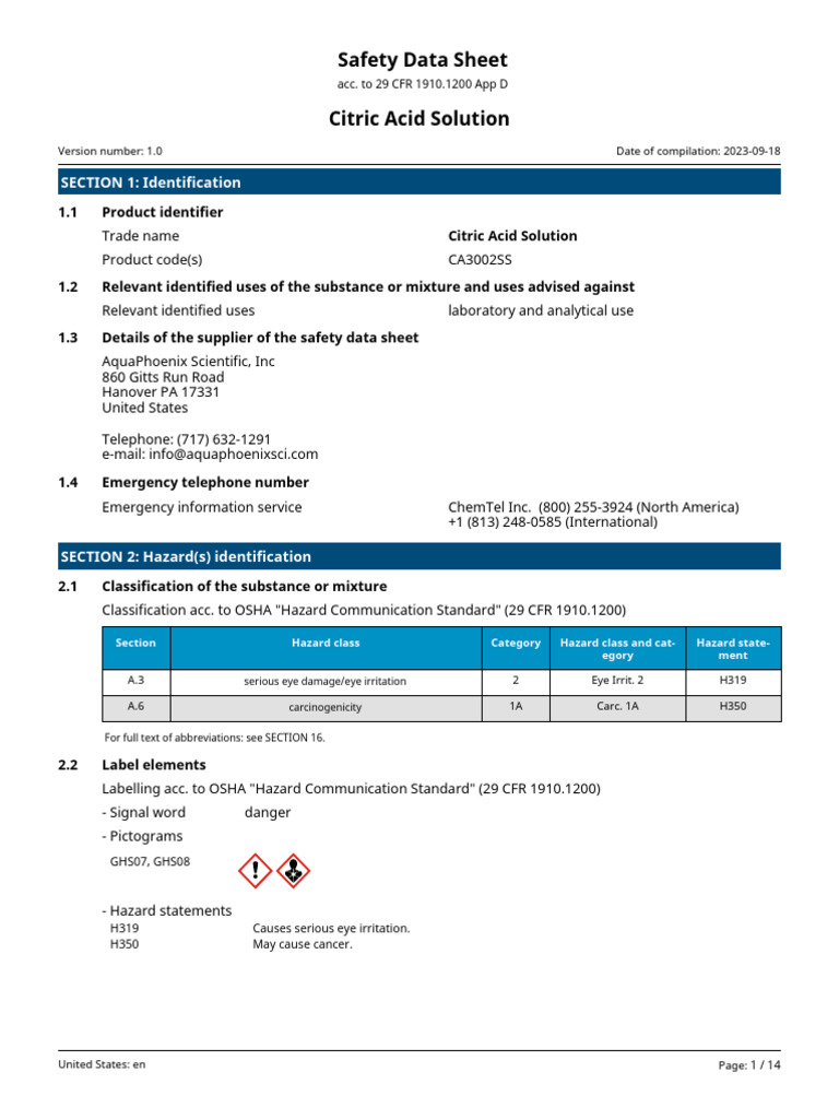 Citric Acid Solution (CA3002SS) - GHS-NA - en - 2023-09-19 | PDF ...