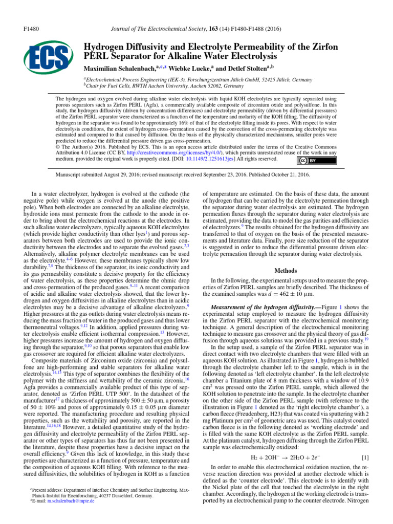 Hydrogen Diffusivity and Electrolyte Permeability | PDF | Electrochemistry | Applied And ...