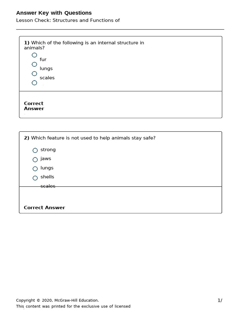 Lesson Check Answer Key Structures and Functions of Animals | PDF ...